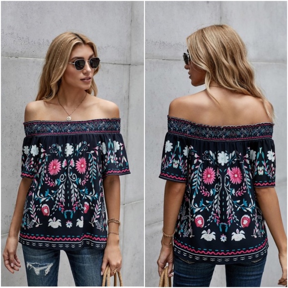 Tops | Boho Off Shoulder Floral Top Black | Poshmark
